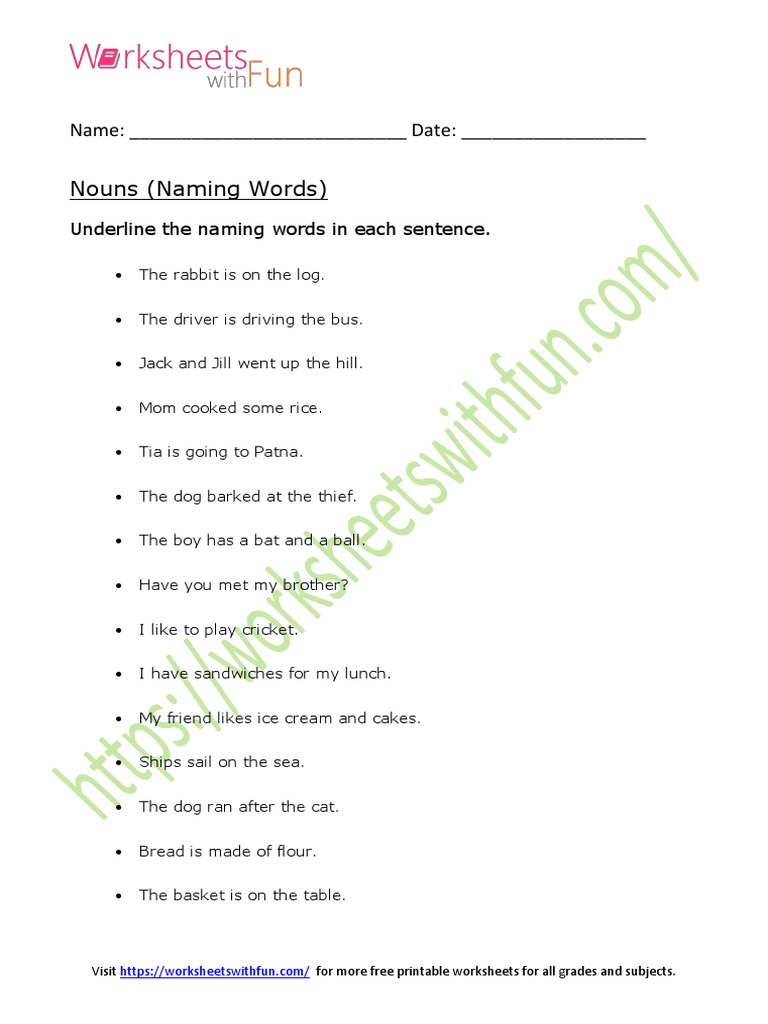 Nouns (Naming Words) Worksheet 1 | PDF