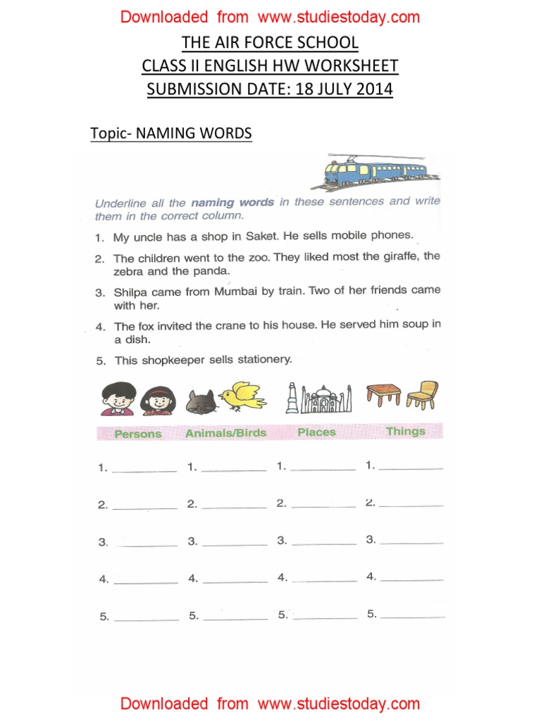 Class 2 Naming Words Worksheet | PDF