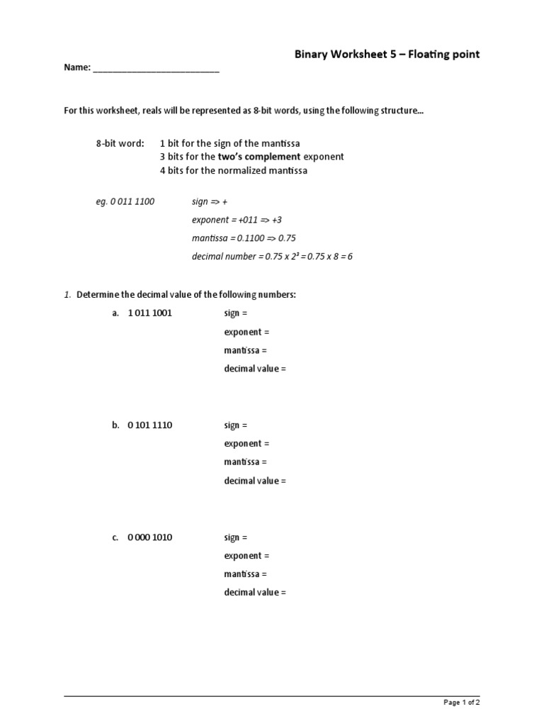 Binary Worksheet 5 Floating Point 2leq2hp | PDF