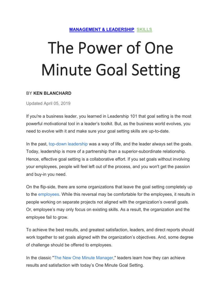 The Power of One Minute Goal Setting: Management & Leadership | PDF ...