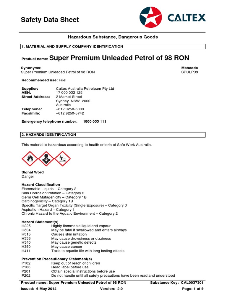 98 RON Super Premium Unleaded Petrol SDS | PDF | Dangerous Goods | Toxicity