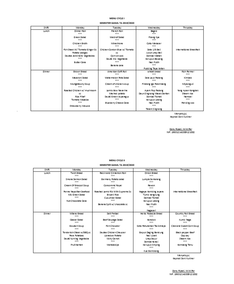 2019/2020 Semester Menu Cycle I & II | PDF | Salad | Soup
