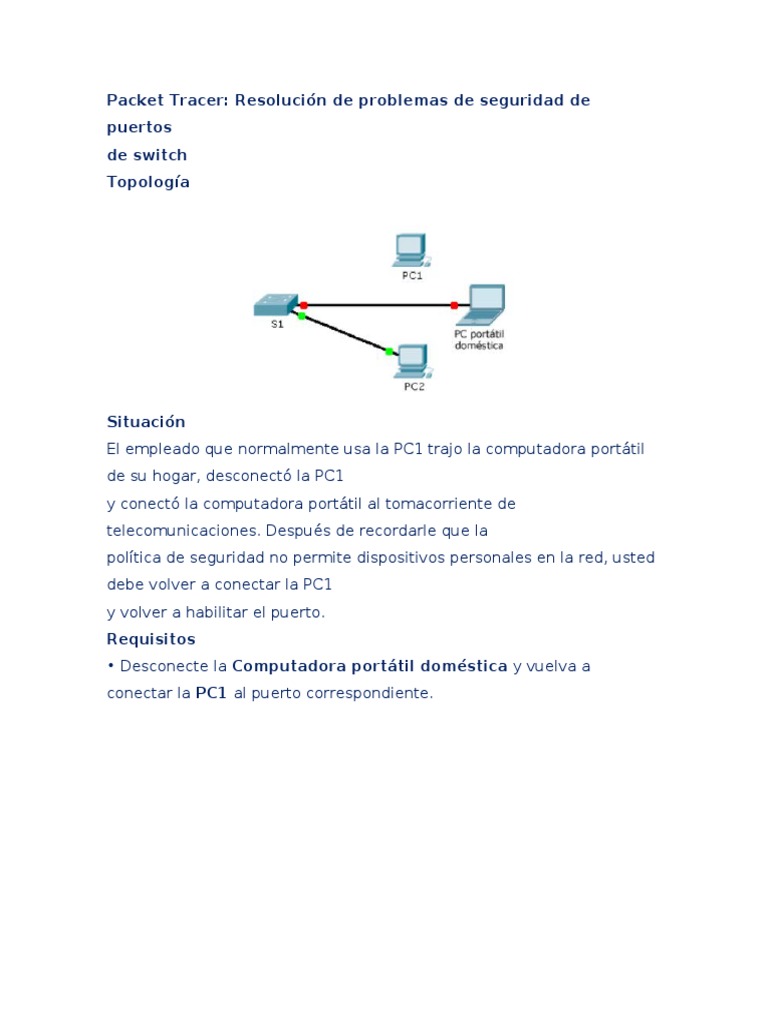 Packet Tracer: Resolución de Problemas de Seguridad de Puertos de Switch Topología | PDF