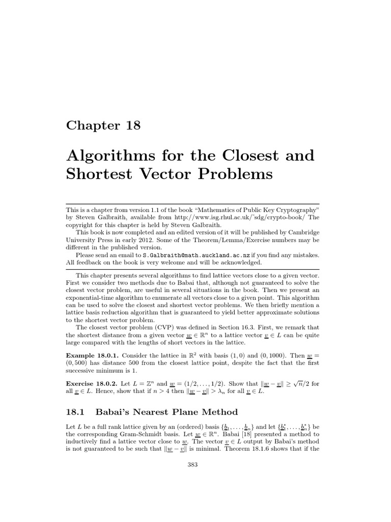 Algorithms For The Closest And Shortest Vector Problems Pdf Basis Linear Algebra
