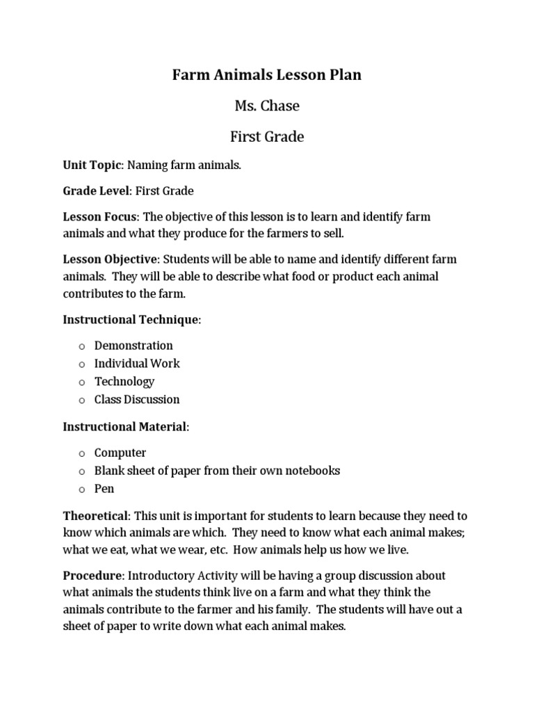 Farm Animals Lesson Plan: Ms. Chase First Grade | PDF | Lesson Plan ...