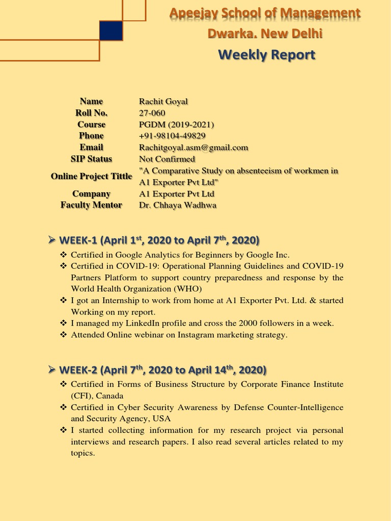 Weekly Report: WEEK-1 (April 1, 2020 To April 7, 2020) | PDF | Linked ...