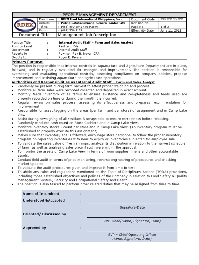 JD - Farm and Sales Analyst | PDF | Internal Audit | Inventory