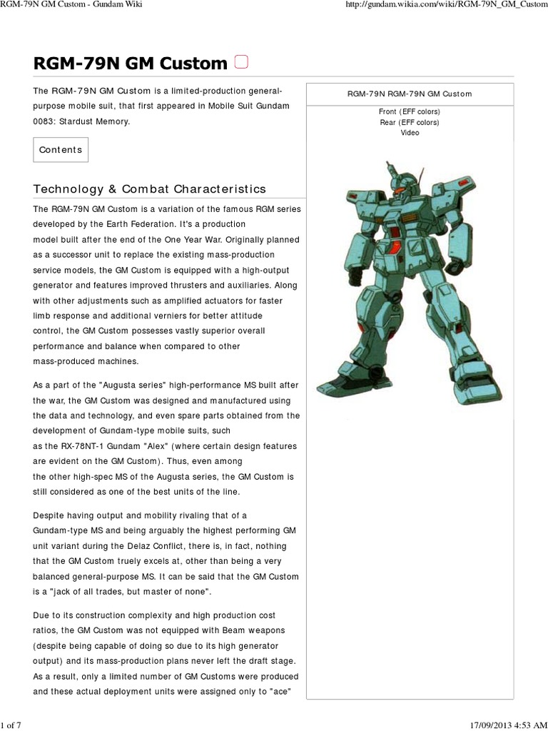 RGM-79N GM Custom Overview and Specs | PDF | Military Technology | Weaponry