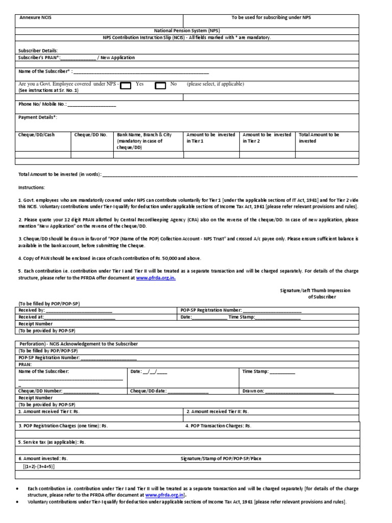 NPS Contribution Form PDF | PDF | Cheque | Payments