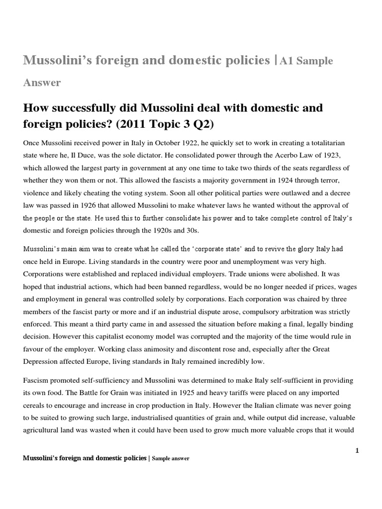 Mussolini's Domestic Policy Overview | PDF | Benito Mussolini | Fascism