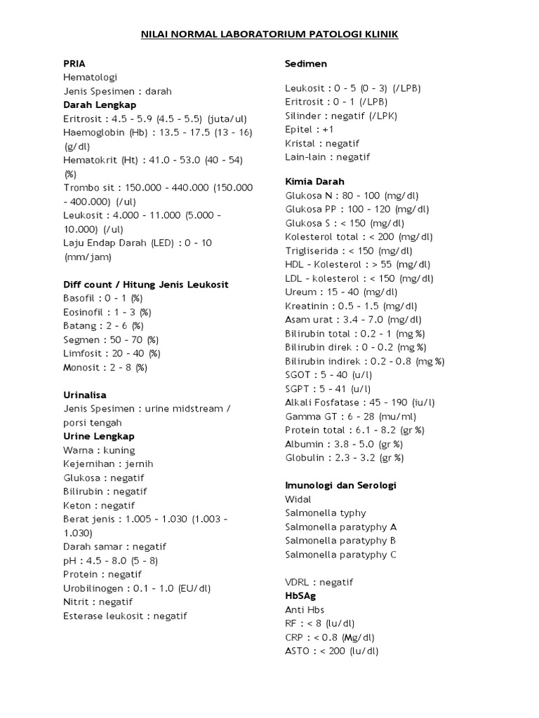 Nilai Normal Laboratorium Patologi Klinik-2 | PDF