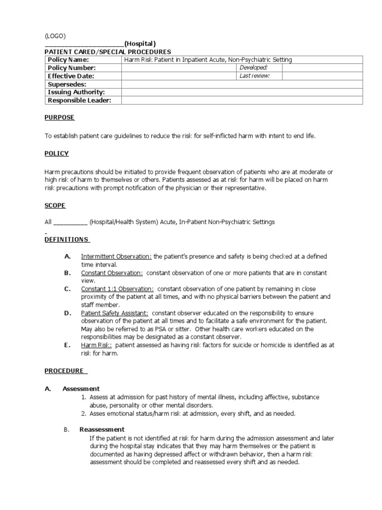 Harm Risk Patient Care Policy | PDF | Patient | Risk