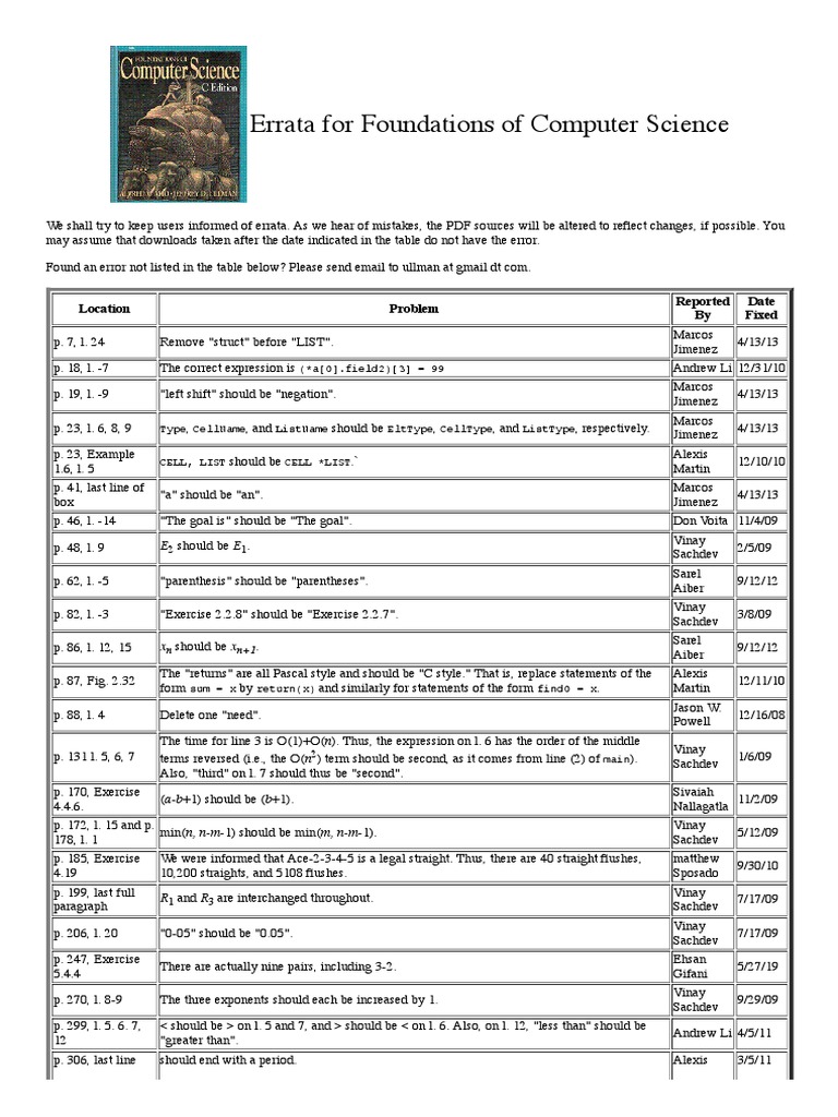 Jeffrey D. Ullman & Alfred V. Aho Foundations of Computer Science C Edition Errata | PDF ...
