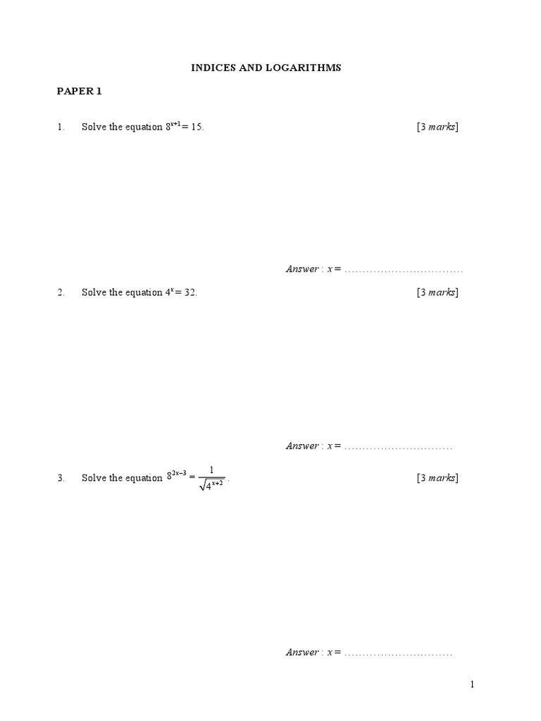 Solve The Equation 8 15 3 Marks Indices And Logarithms Paper 1 Pdf Mathematical 