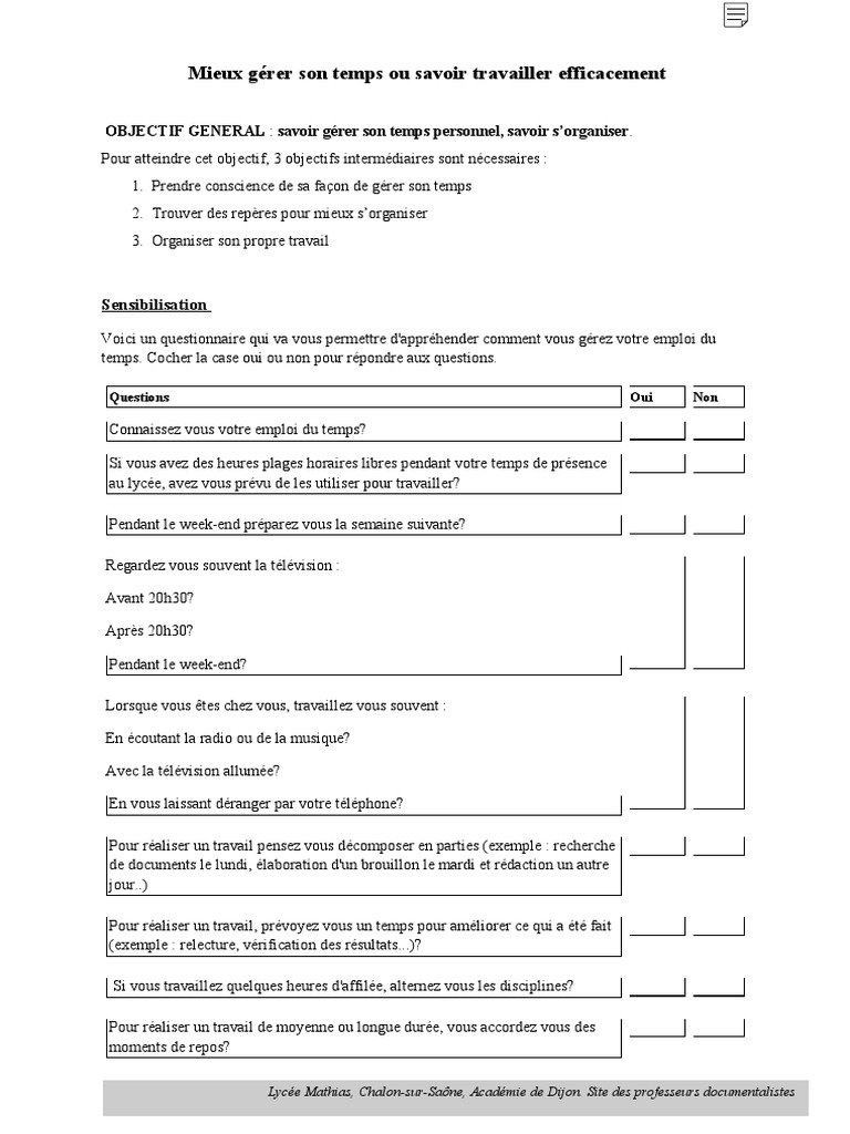 Questionnaire Gestion Du Temps | PDF | Science | Science et technologie