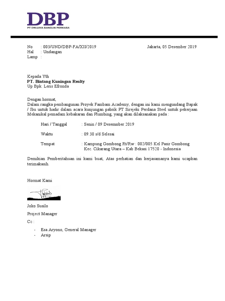 Surat Undangan Visit Pabrik Pemadam & Plumbing | PDF