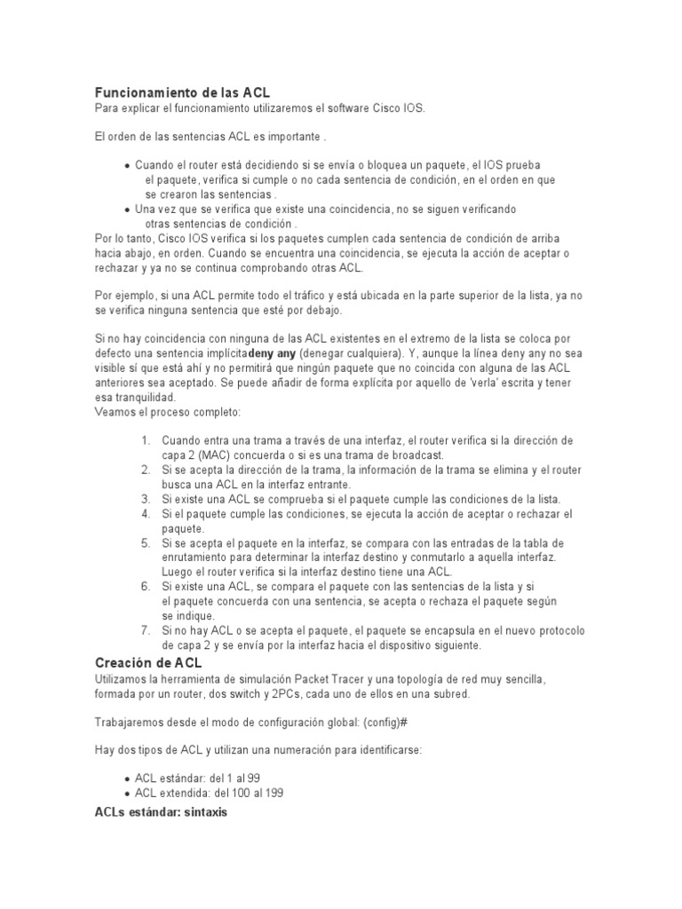 Funcionamiento de Las ACL | PDF | Protocolos de capa de red | Enrutador (Computación)