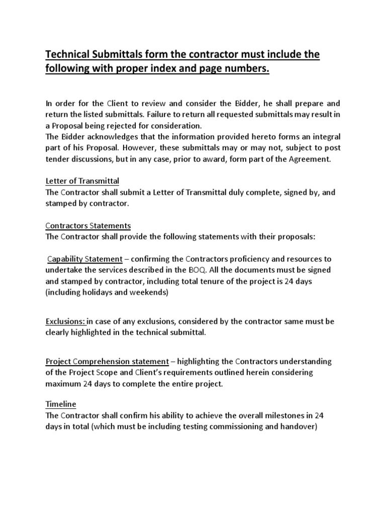 Tender Guideline For Technical Submittal And Commercial Submittal