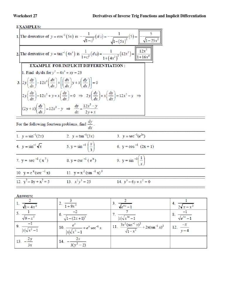 Worksheet 27 - Derivative of Inverse Trig and Implicit Differentiation ...