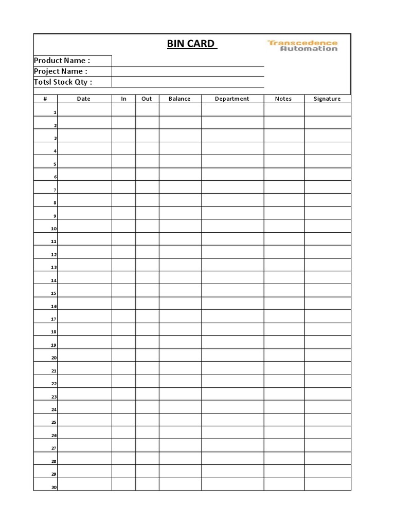 Bin Card: Product Name: Project Name: Totsl Stock Qty | PDF