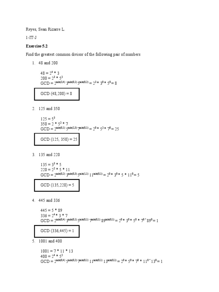 Math Exercise: GCD & LCM Calculations | PDF | Numbers | Elementary ...