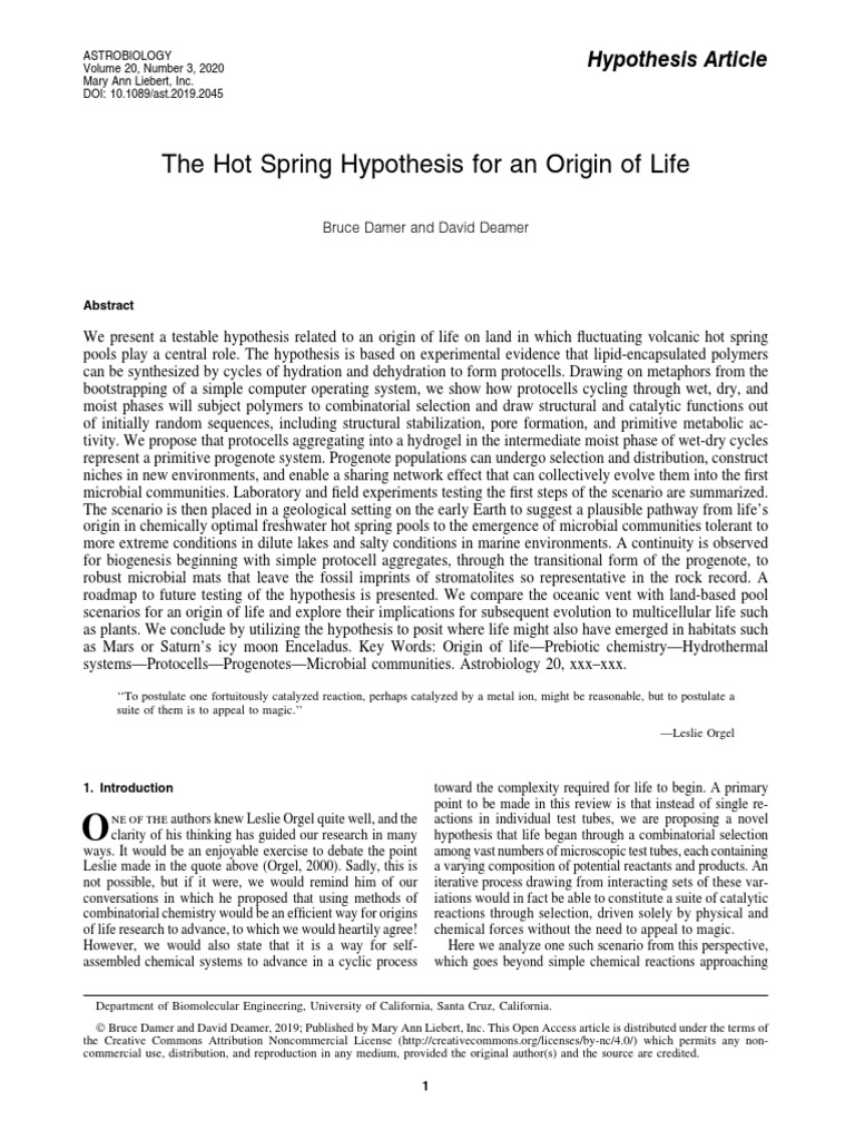 The Hot Spring Hypothesis For An Origin of Life | PDF | Abiogenesis | Life