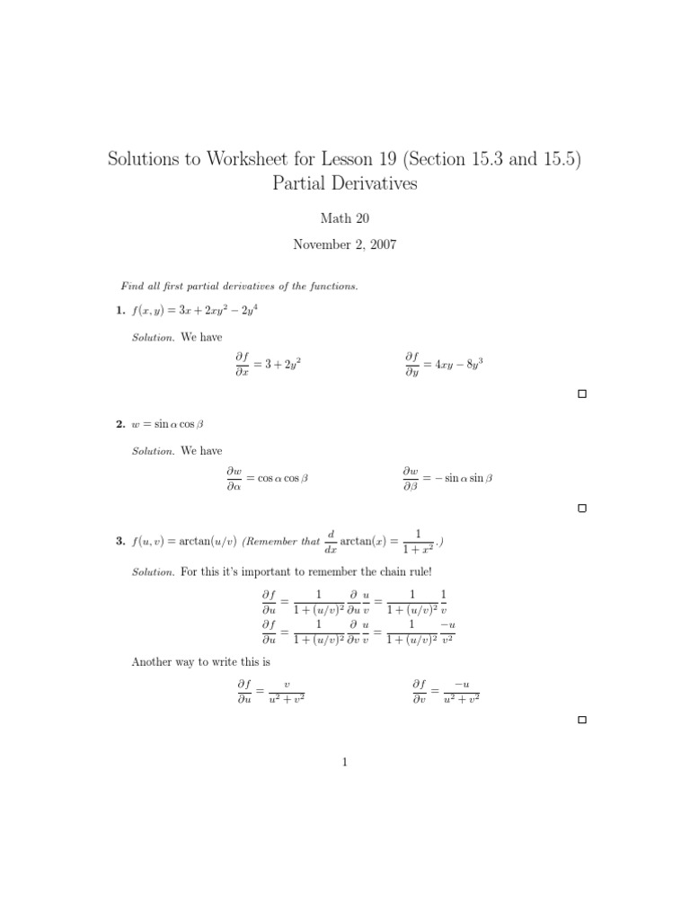 Lesson 19: Partial Derivatives (Worksheet Solutions) | PDF ...