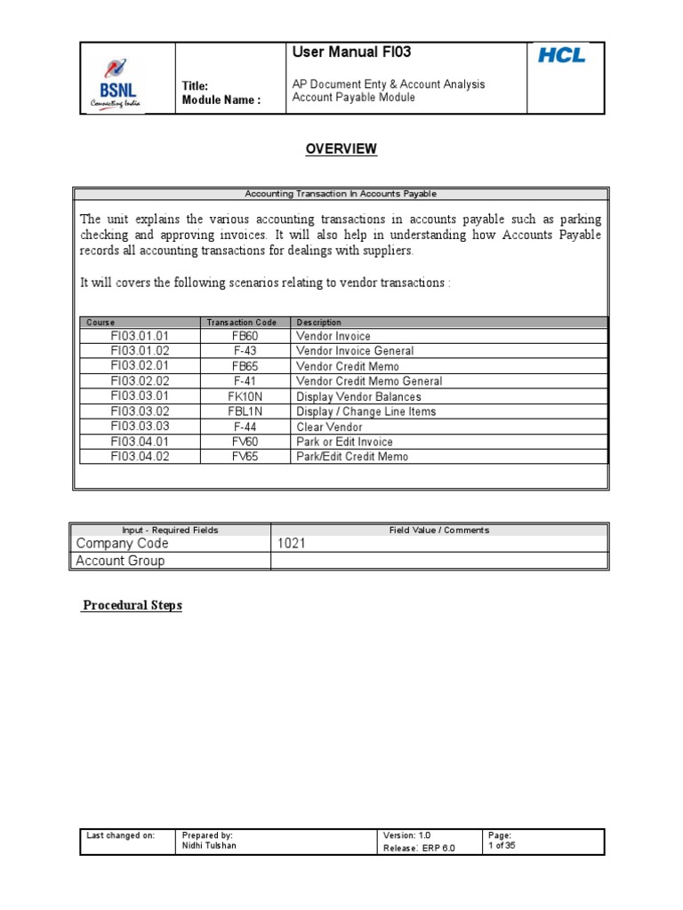 User Manual FI03: Title: Module Name | PDF | Accounts Payable | Debits ...