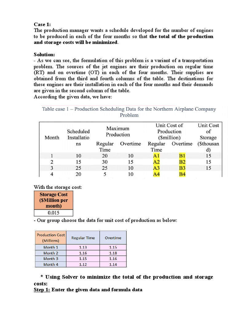 Case 1:: Using Solver To Minimize The Total of The Production and ...