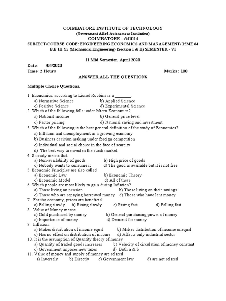 II Mid Sem MECH | PDF | Inflation | Money Supply