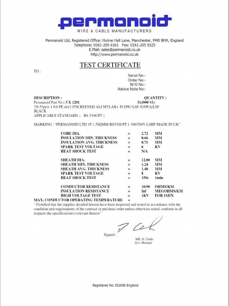 Cable Test Certificate Sample One | PDF