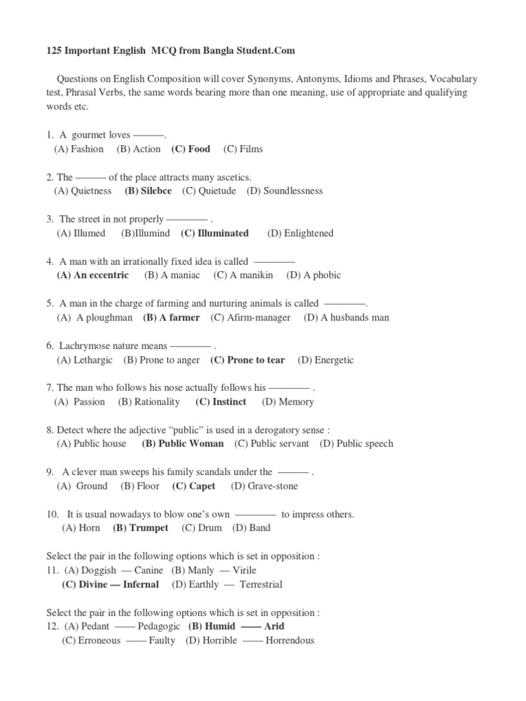 125 Important English MCQ | PDF