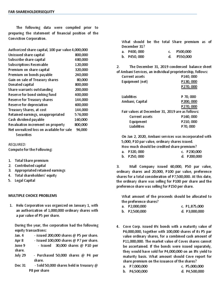SHAREHOLDERS EQUITY - Problems | PDF | Treasury Stock | Balance Sheet