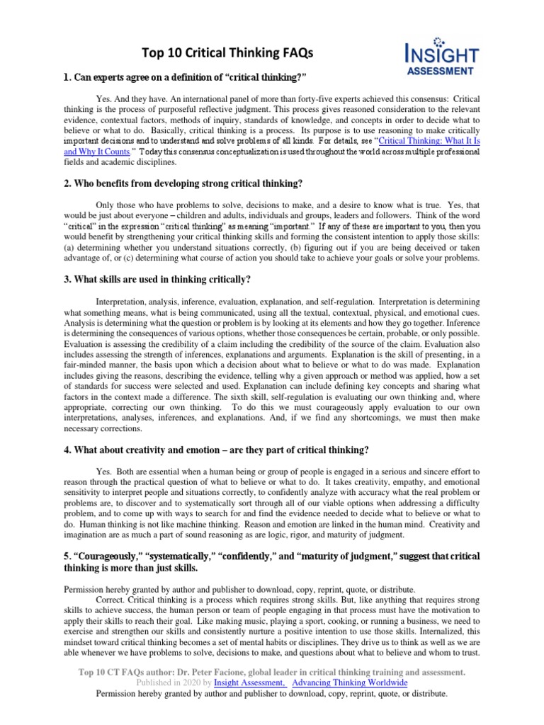 Top 10 Critical Thinking Faqs: Critical Thinking: What It Is and Why It Counts | PDF | Critical ...