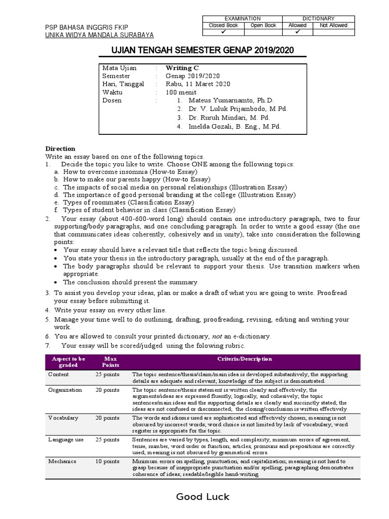 Writing C UTS GENAP 2019-2020 (Final Rev1) | PDF | Word | Essays