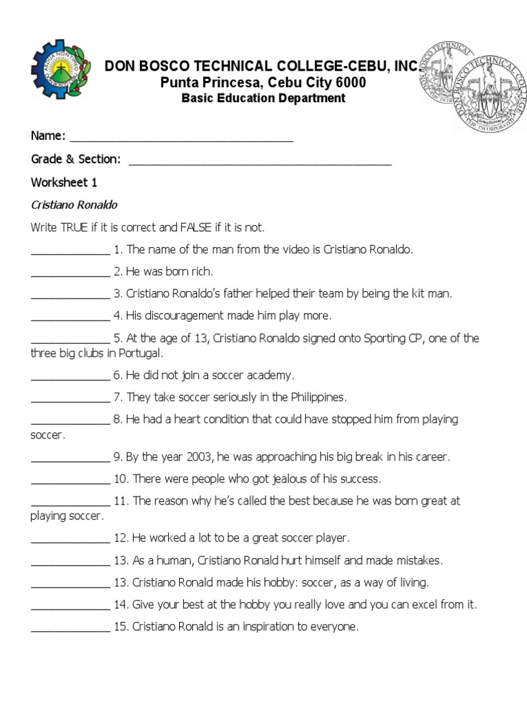 Marly Francis Besañes - Worksheet 1 Cristiano Ronaldo's Story | PDF