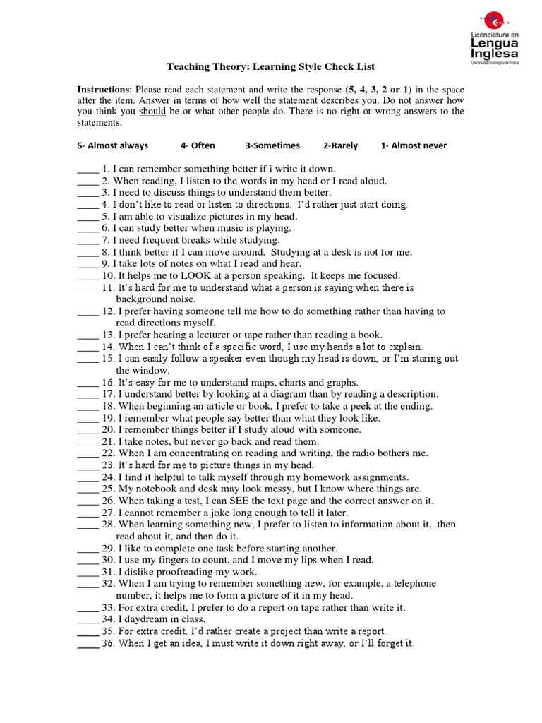 Teaching Theory: Learning Style Check List | PDF | Learning Styles ...