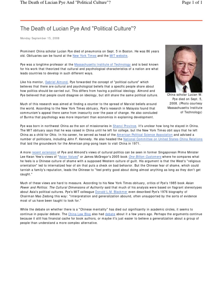 The Death of Lucian Pye & Political Culture | PDF | Psychology