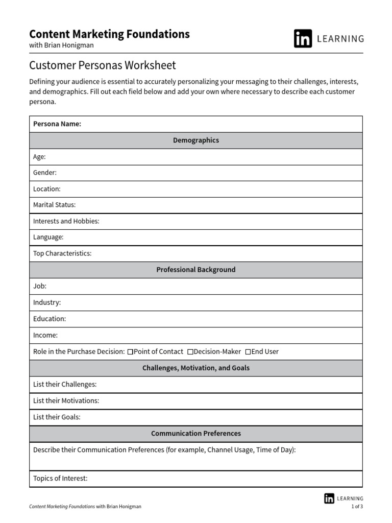 Customer Personas Worksheet | PDF | Communication | Motivation