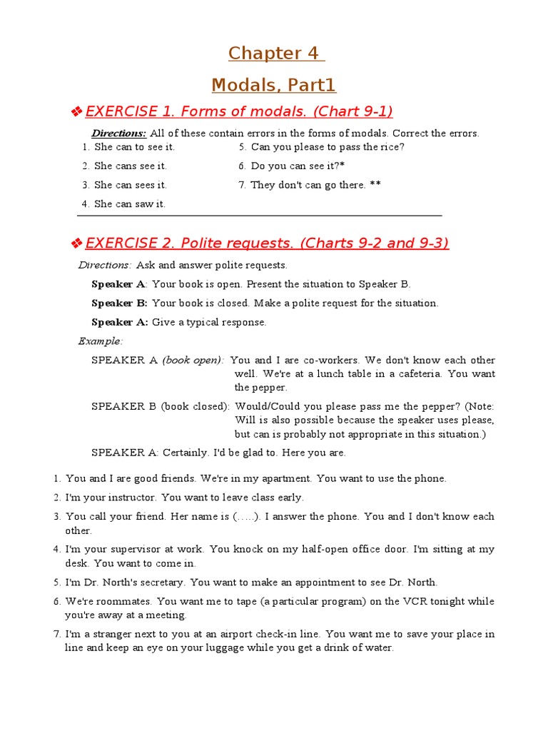 Modals, Part1: EXERCISE 1. Forms of Modals. (Chart 9-1) | PDF
