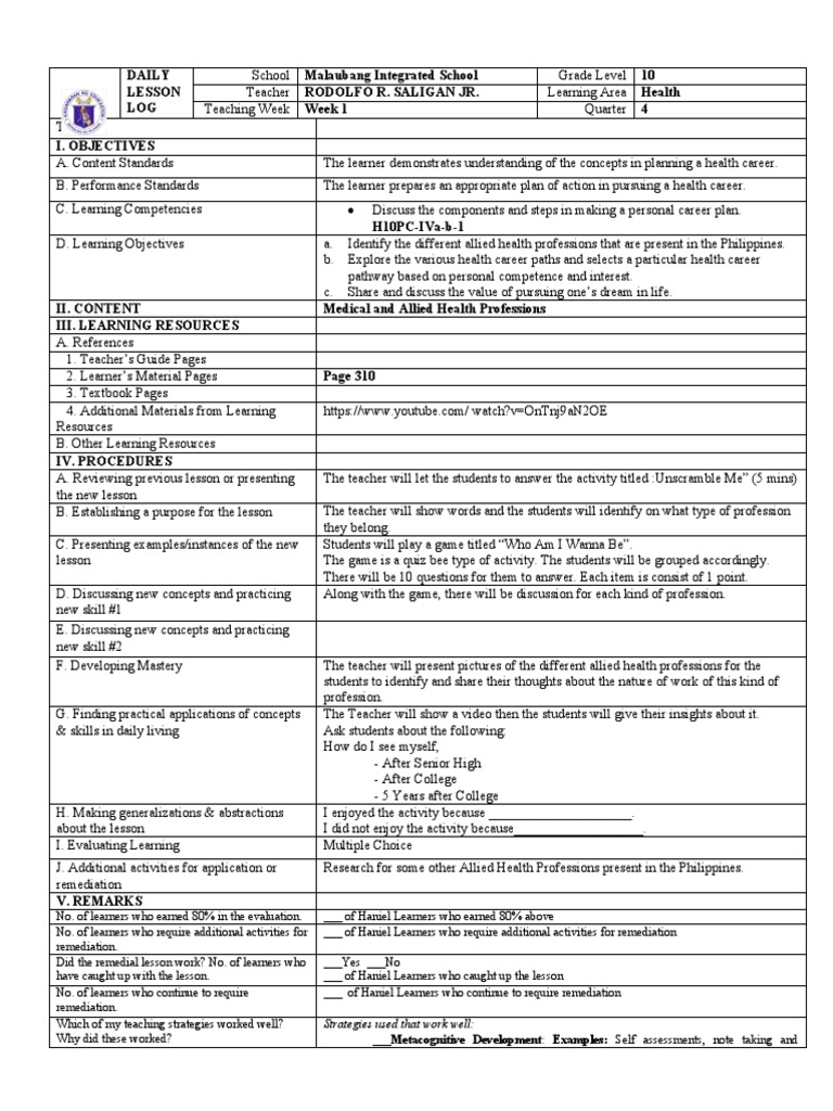 Daily Lesson LOG I. Objectives: Strategies Used That Work Well | PDF ...