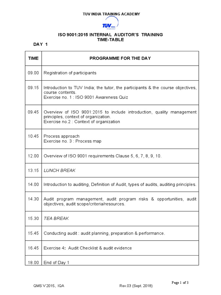 Iso 9001:2015 Internal Auditor'S Training Time-Table Day 1 Time ...