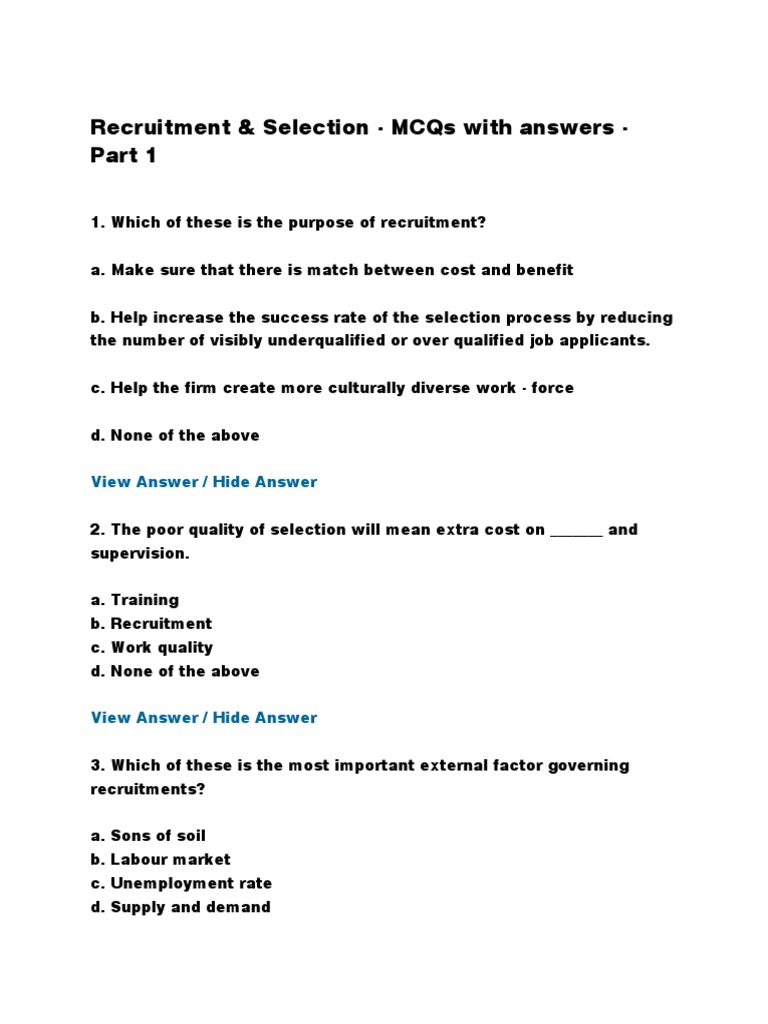 Recruitment & Selection - Mcqs With Answers - : View Answer / Hide Answer | PDF | Recruitment ...