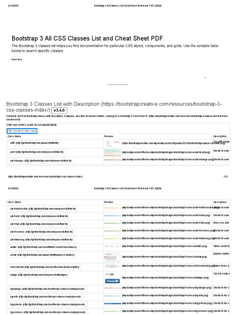 Bootstrap 3 All Classes List Cheat Sheet Reference PDF (2020) PDF | PDF ...