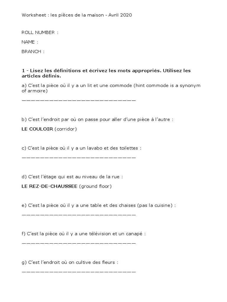 Les pièces de la maison - Fiche pédagogique | PDF