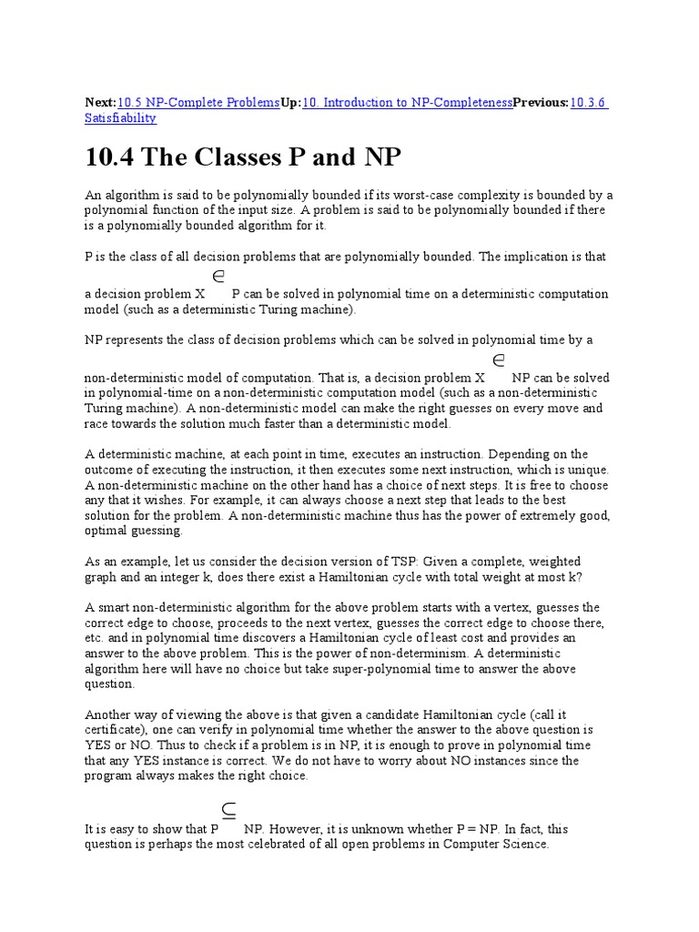 10.4 The Classes P and NP: Next: Up: Previous | PDF | Time Complexity | Computational Complexity ...