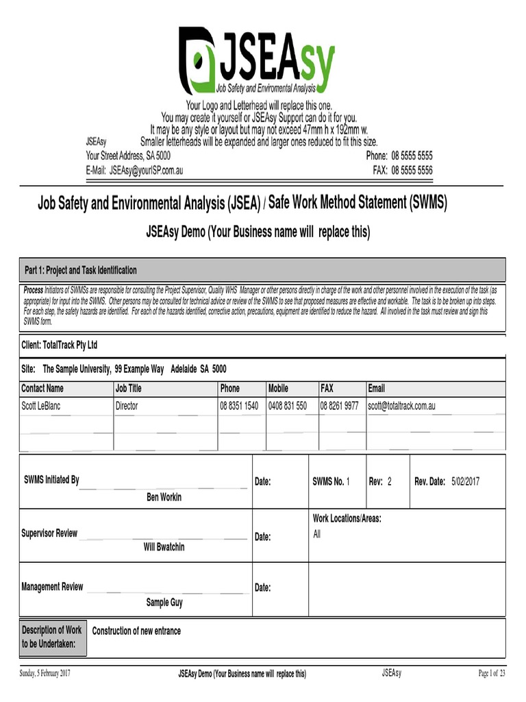 Job Safety and Environmental Analysis (JSEA) / Safe Work Method ...