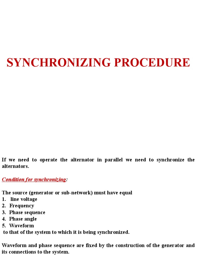 Alternator Synchronizing Procedure | PDF | Components | Electrical ...