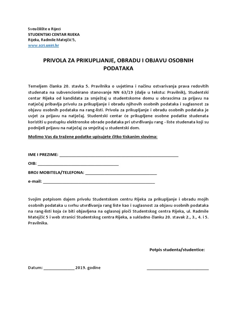 Privola Za Prikupljanje Obradu I Objavu Podataka 2019 PDF | PDF