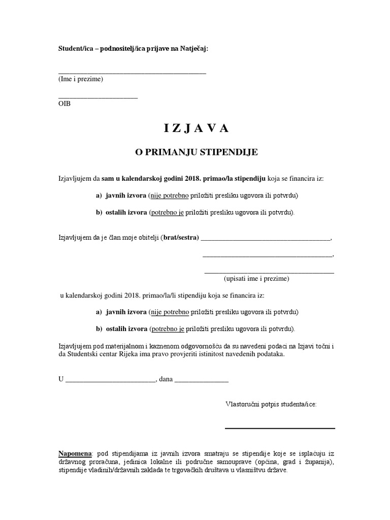 Izjava o Primanju Stipendije - 2019 PDF | PDF